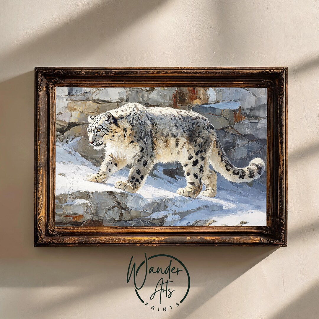 Snow Leopard Winter Portrait Art - Moody Wildlife Scene, Prowling Amid ...