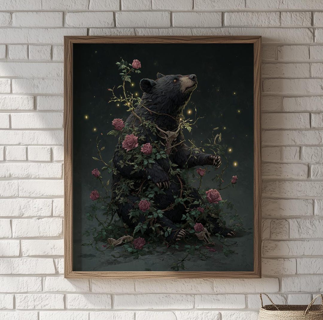 Moody Bear Cub Wrapped in Roses - Dark Fantasy Woodland Art, Gothic ...