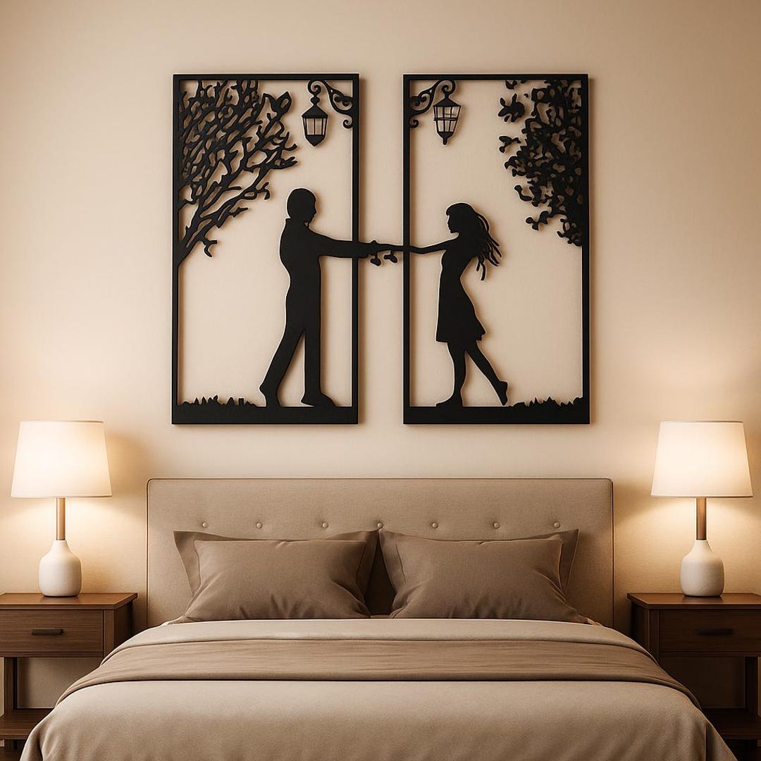 Romantic Couple Wall Art – 2 Panel Wooden Wall Decor, Silhouette Wall ...
