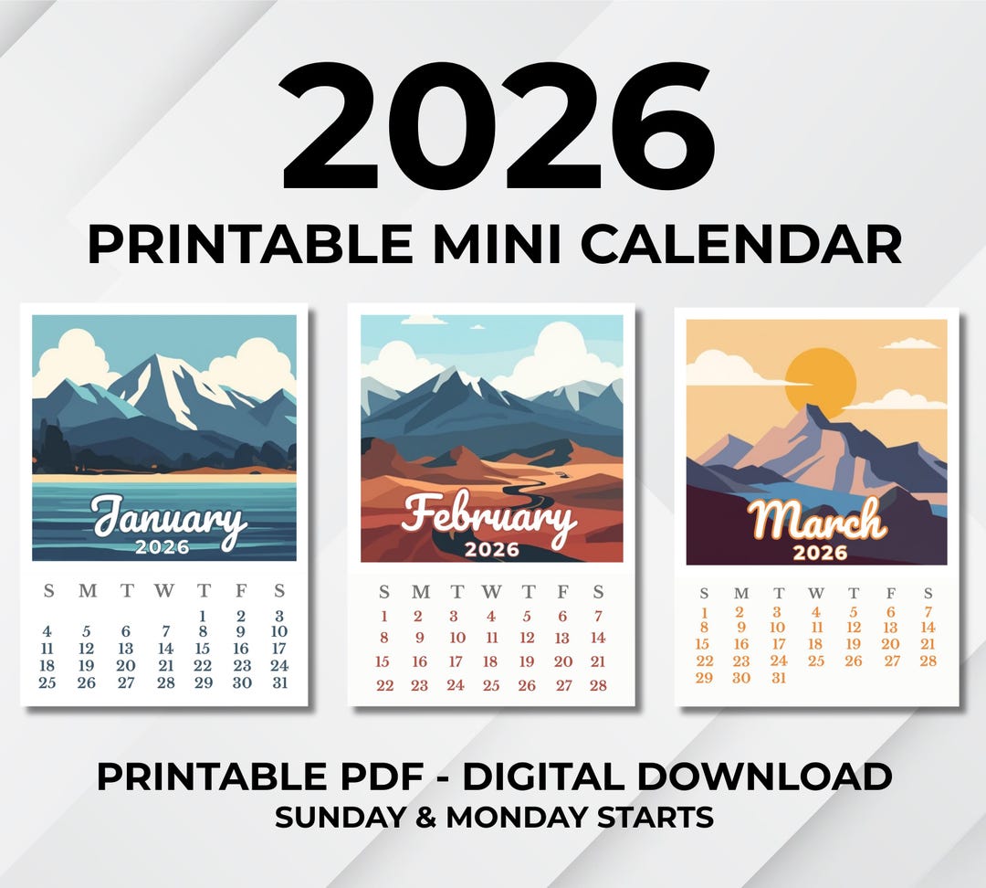 2026 Mini Calendar Printable PDF , 5x7 Inches Desk Calendar, Stand ...