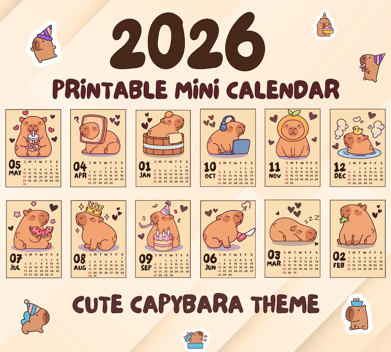 Cute Capybara 2026 Calendar | Mini Desk or Wall Decor (printable PDF ...