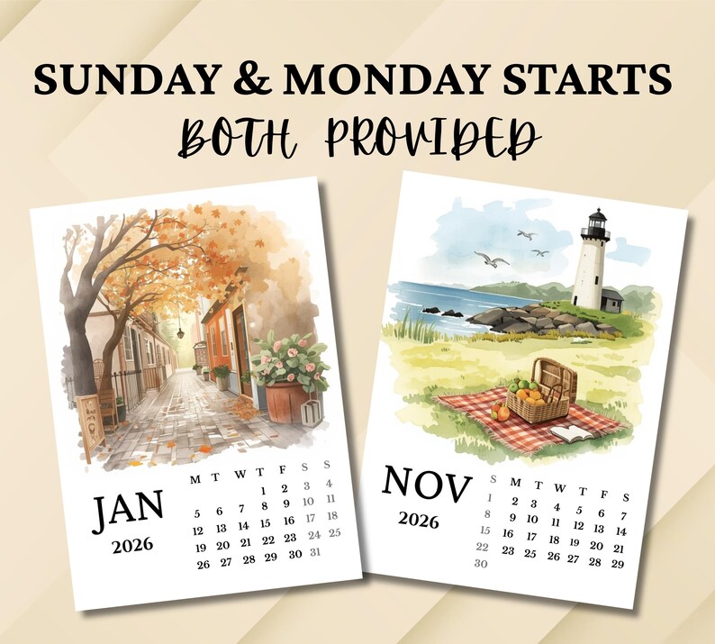 2026 Mini Watercolor Calendar, 5x7 Desk or Wall Calendar (printable PDF ...