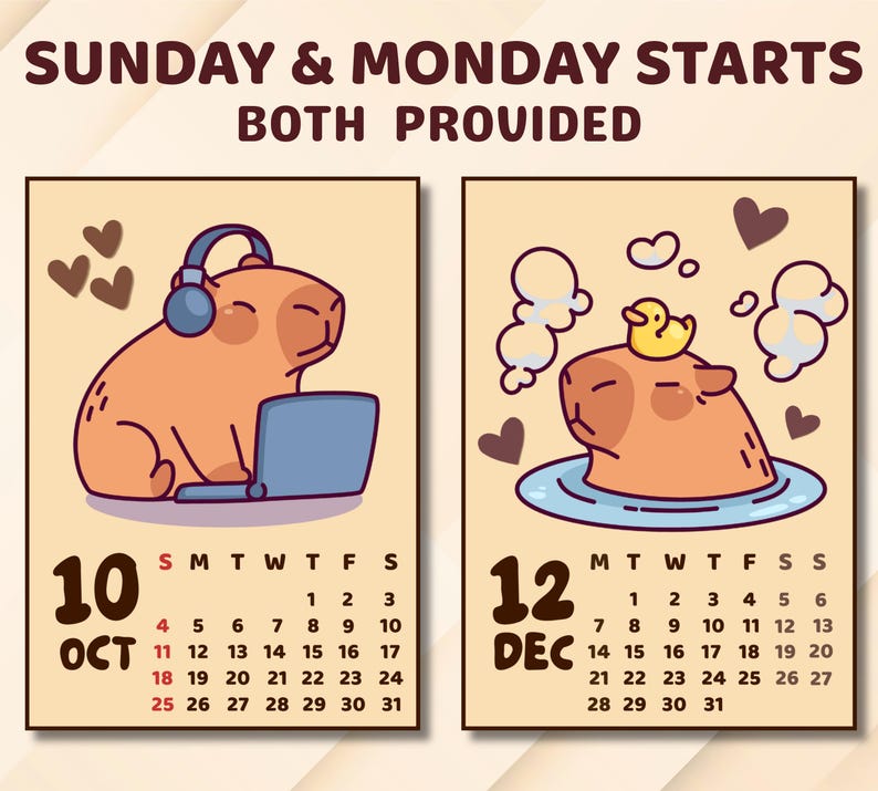 Cute Capybara 2026 Calendar | Mini Desk or Wall Decor (printable PDF ...