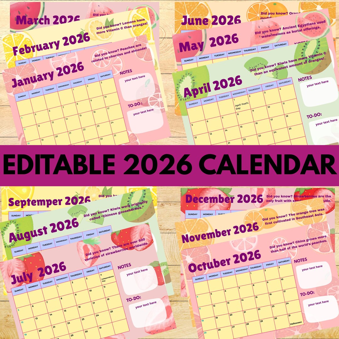 Fruit-themed 2026 Calendar Template: Editable Monthly Planner (digital ...