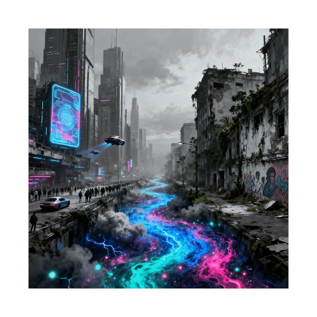 Neon Ruin Divide - Cyberpunk Cosmic City Art - Etsy