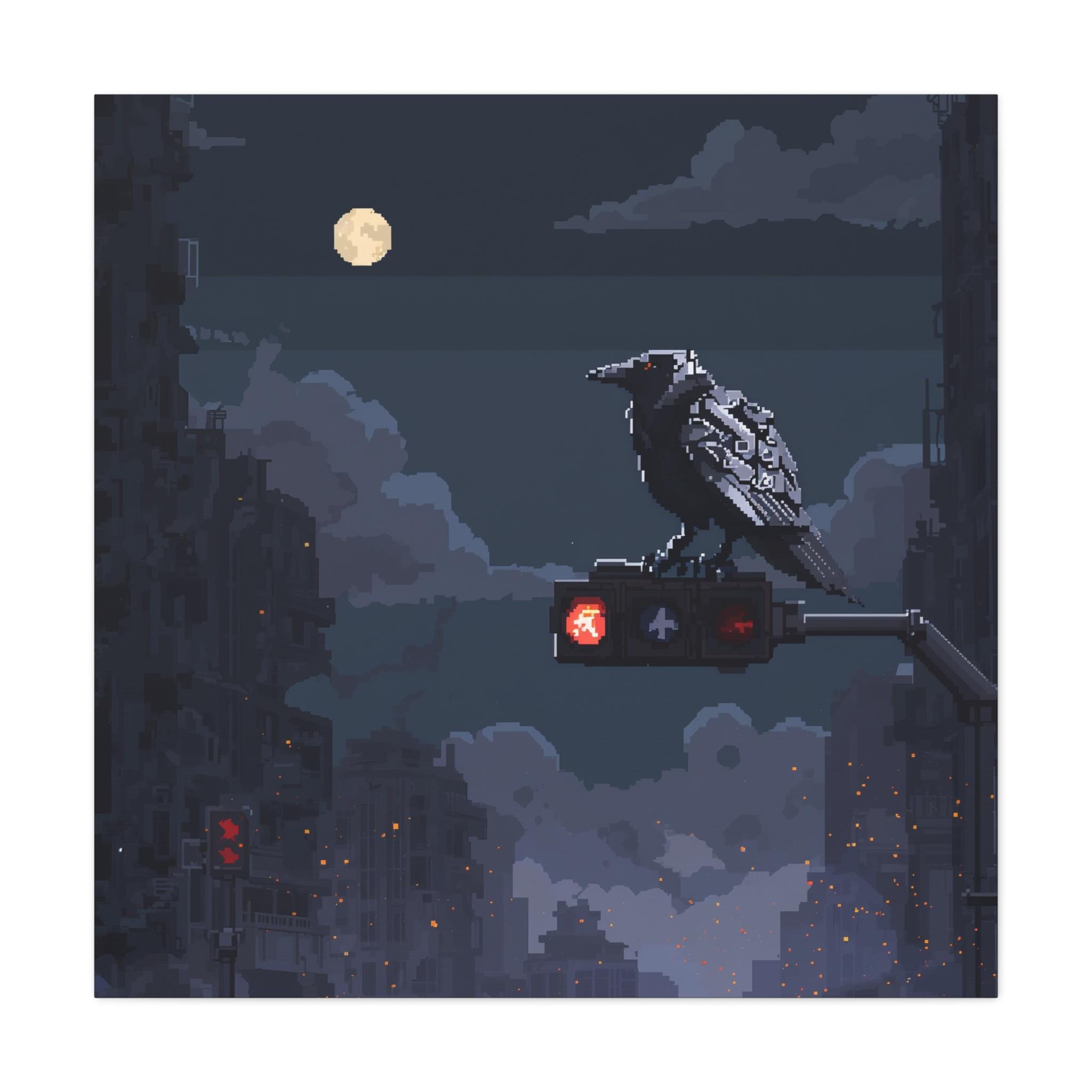Pixelated Cyberpunk Crow Art: Dark Sci-fi City Canvas Print - Etsy