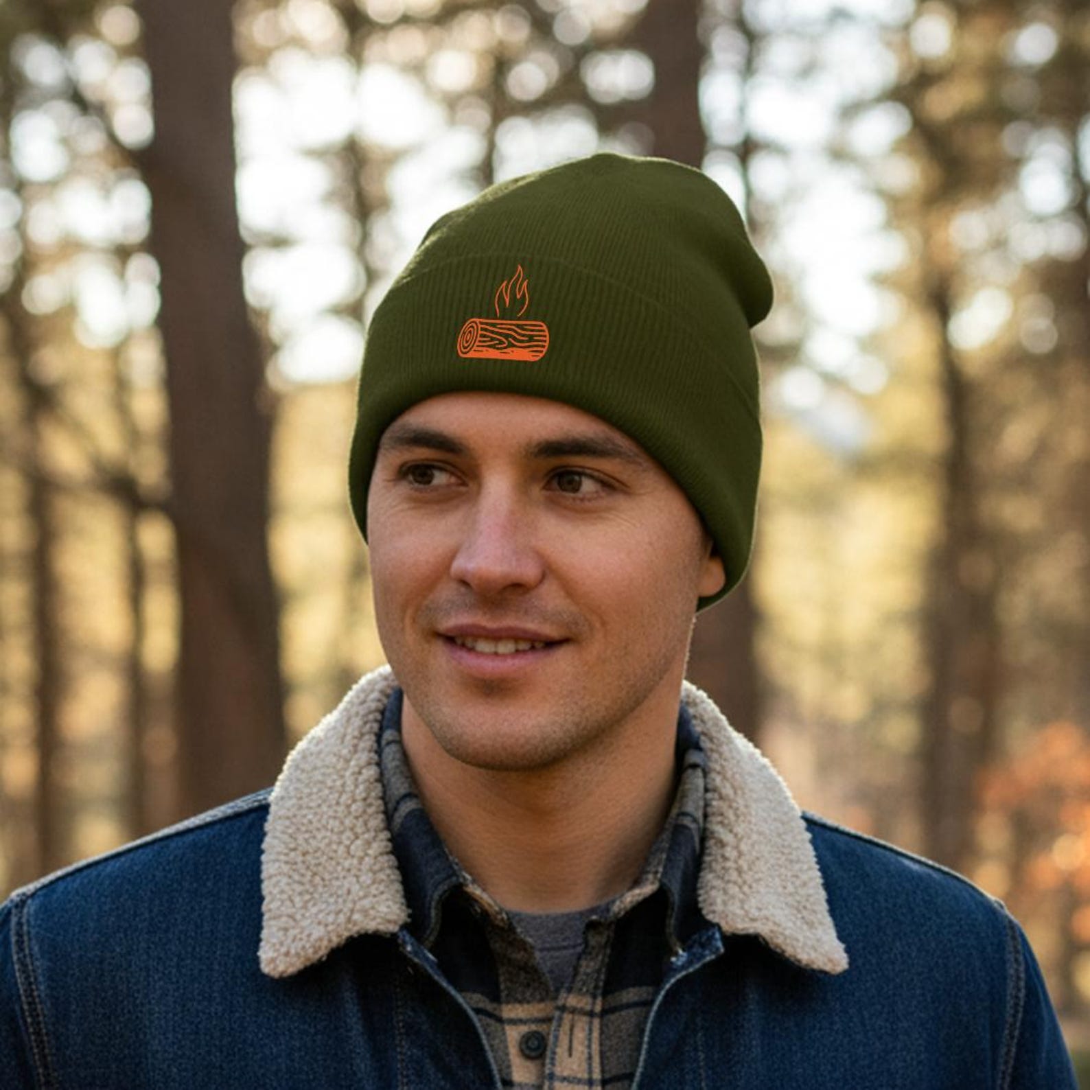 Beanie, Wood Log Fire Nature Camping Embroidered Winter Hat - Knit Cap ...