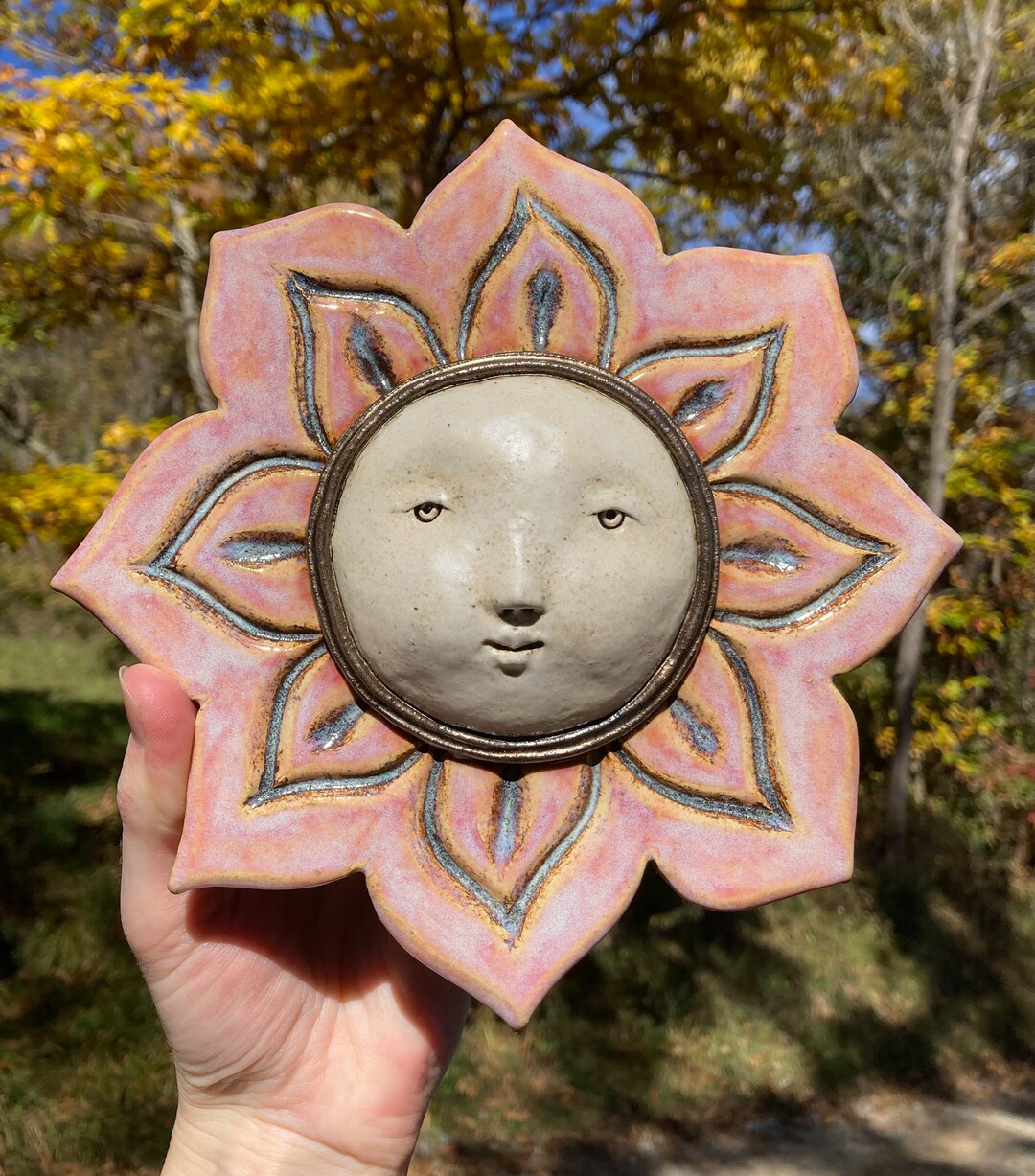7.5 Ceramic Flower Sun Face Sculpture, Pottery Wall Art, Wall Hanging ...