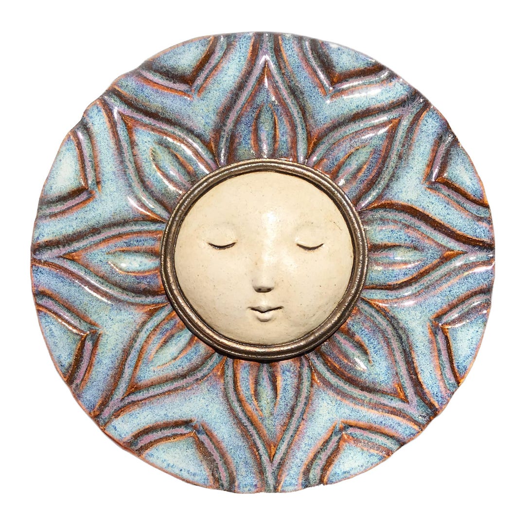 7.5” Ceramic Sun Face, Handmade Clay Wall Art, Pottery Decor, Blue ...