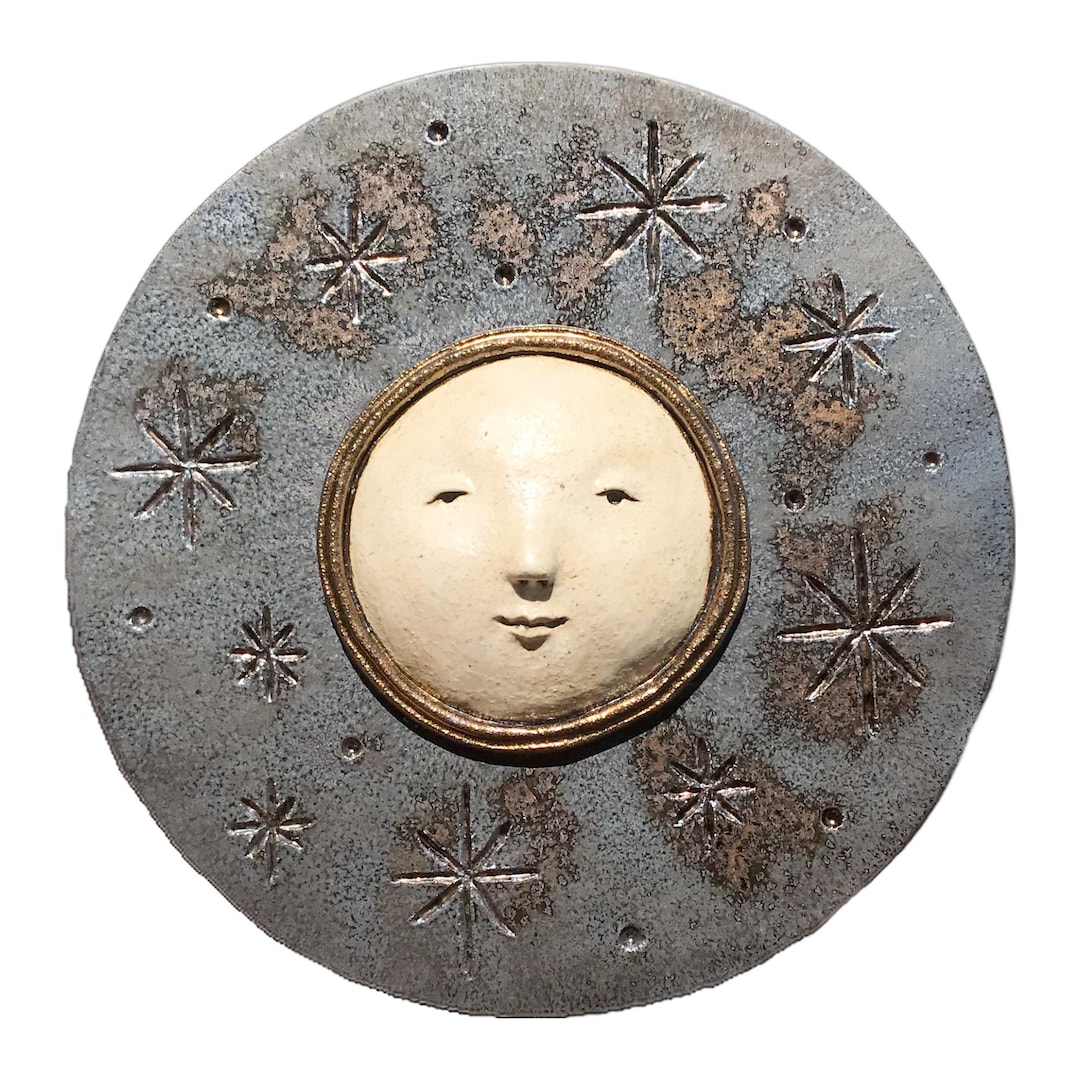 6 Ceramic Moon Face, Handmade Clay Wall Art, Pottery Decor, Metallic ...