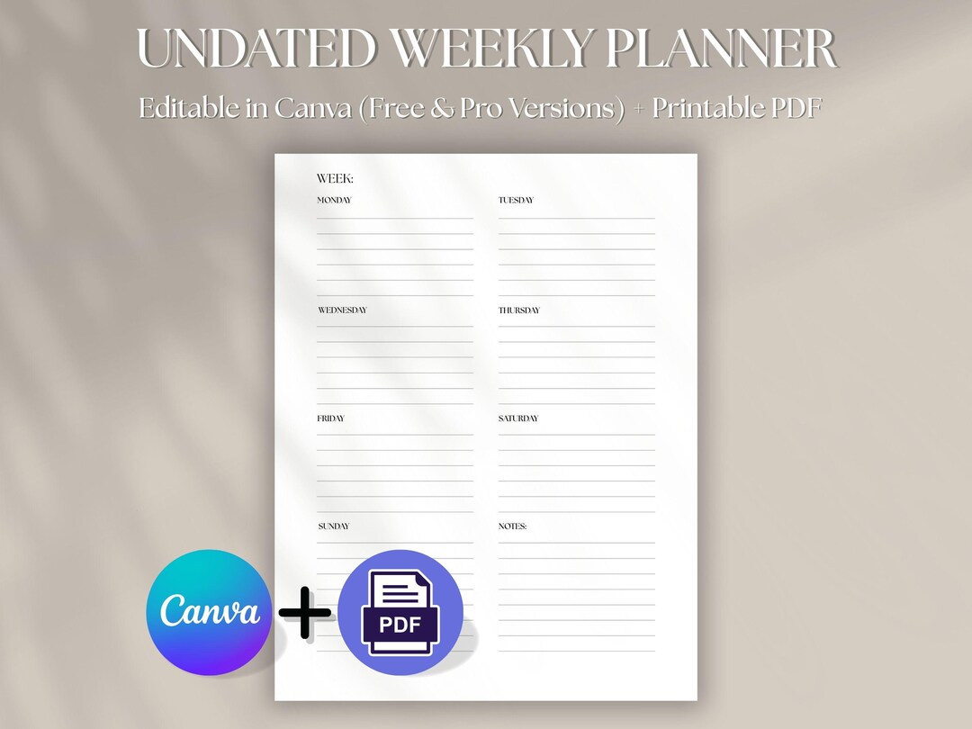 Undated Weekly Planner Page: Lined Daily Sections With Notes - Etsy