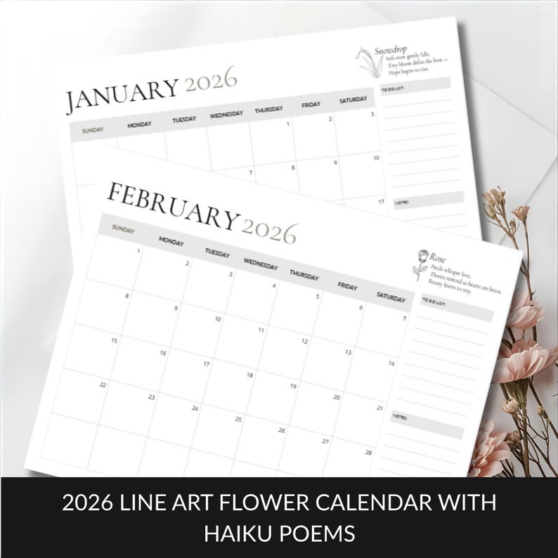 2026 Minilist Calendar | Flower Line Art With Haiku Poems (PDF ...