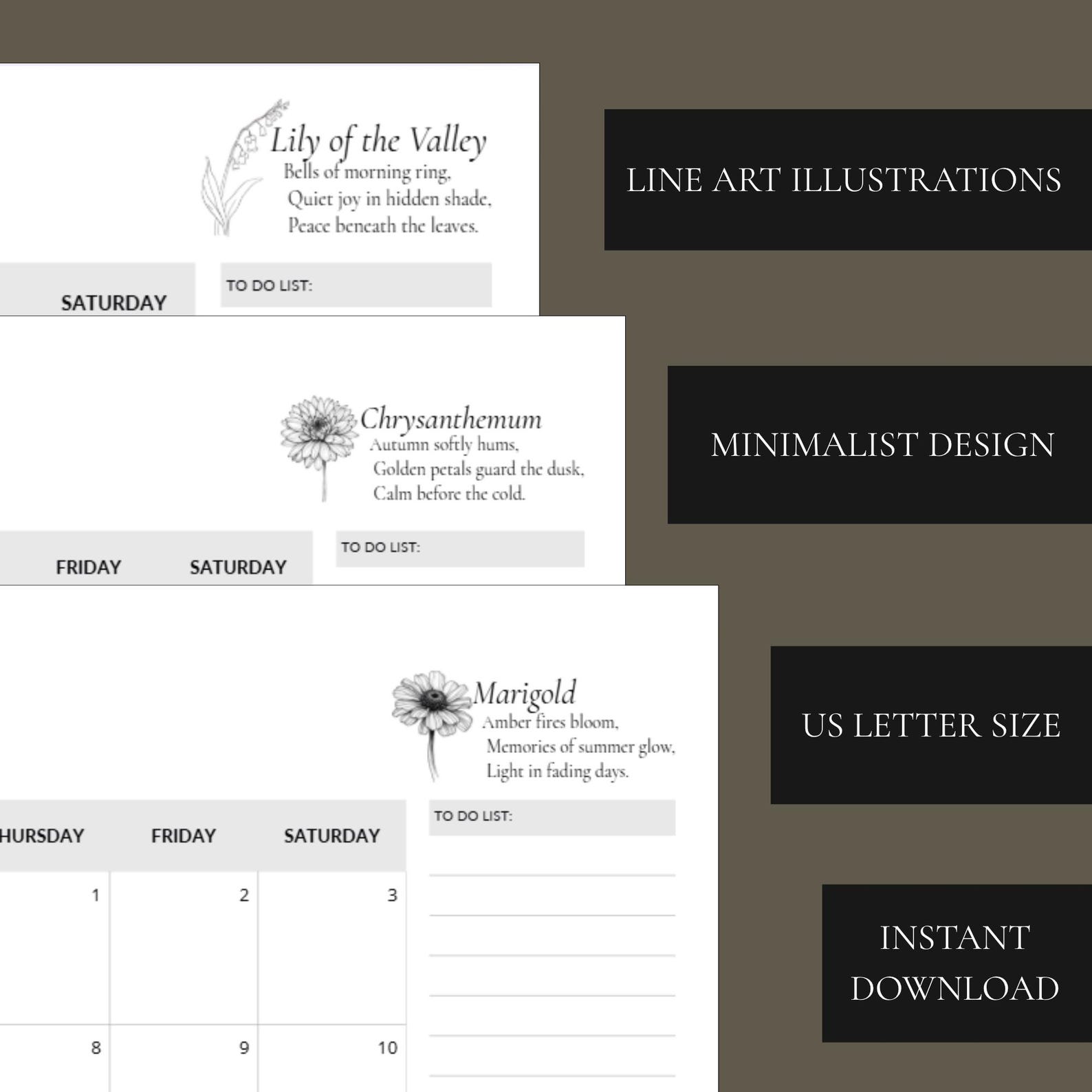 2026 Minilist Calendar | Flower Line Art With Haiku Poems (PDF ...