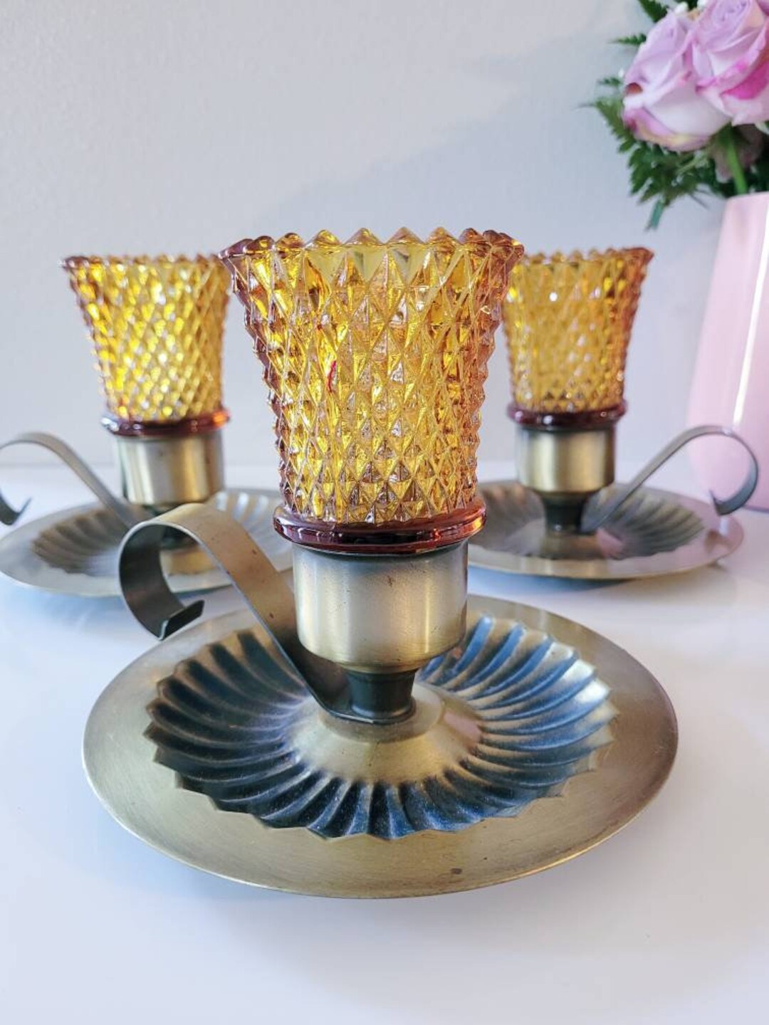 Vintage Brass Chamberstick Candle Holder With Glass Votive - Etsy