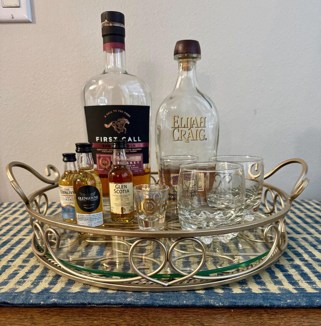 Bar Tray Metal and Glass Tray Round Bar Tray Round Tray Gold Tray ...