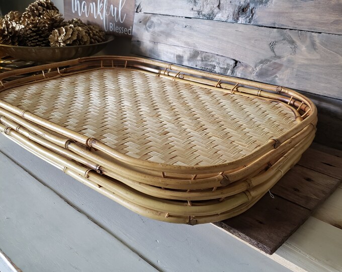 Vintage Bamboo Tray Wicker Lap Tray Lot of 4 Bamboo Tray Wicker Tray ...