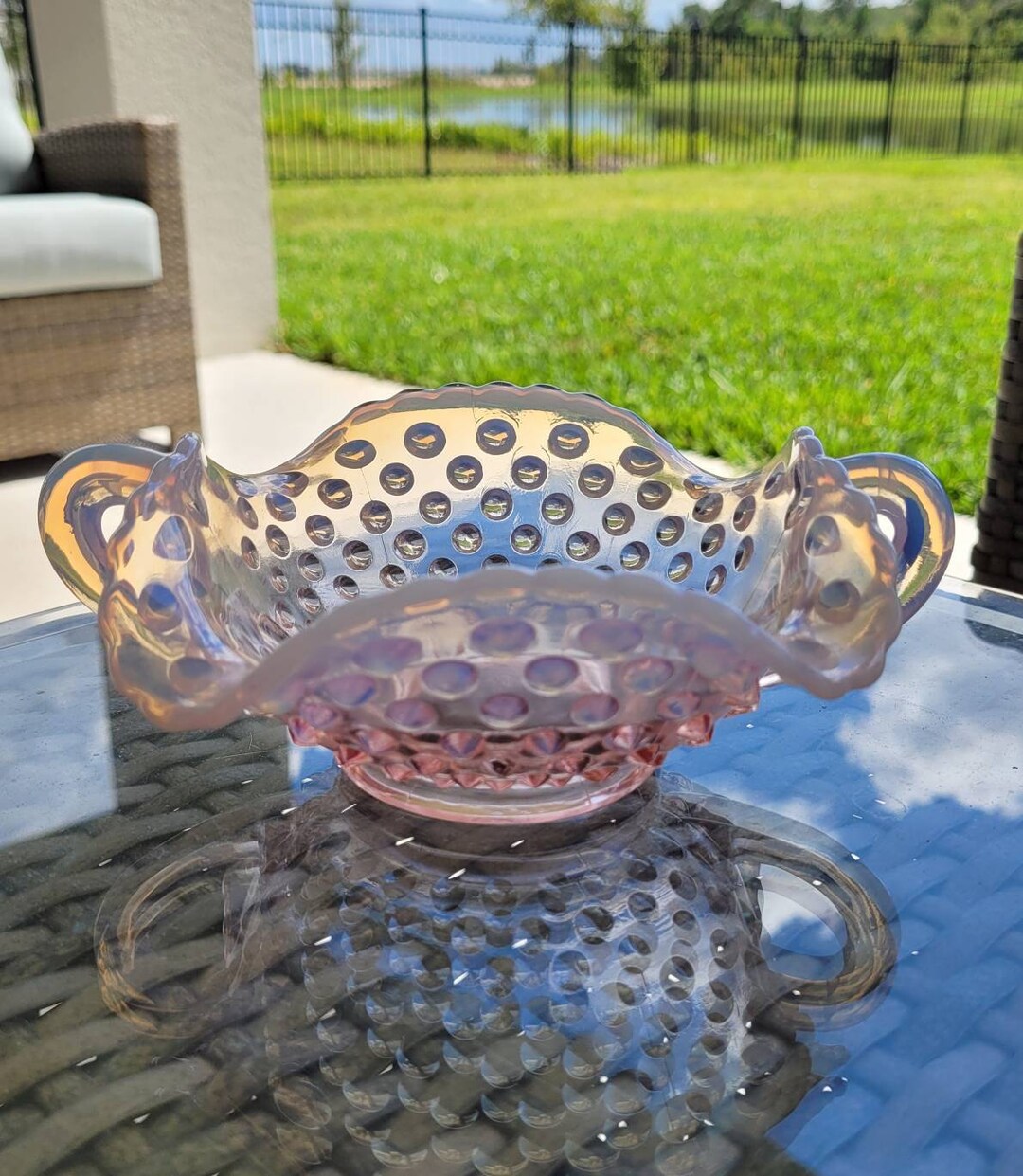 Pink Fenton Glass Pink Opalescent Fenton Bon Bon Candy Dish Pink Opalescent Hobnail Dish T