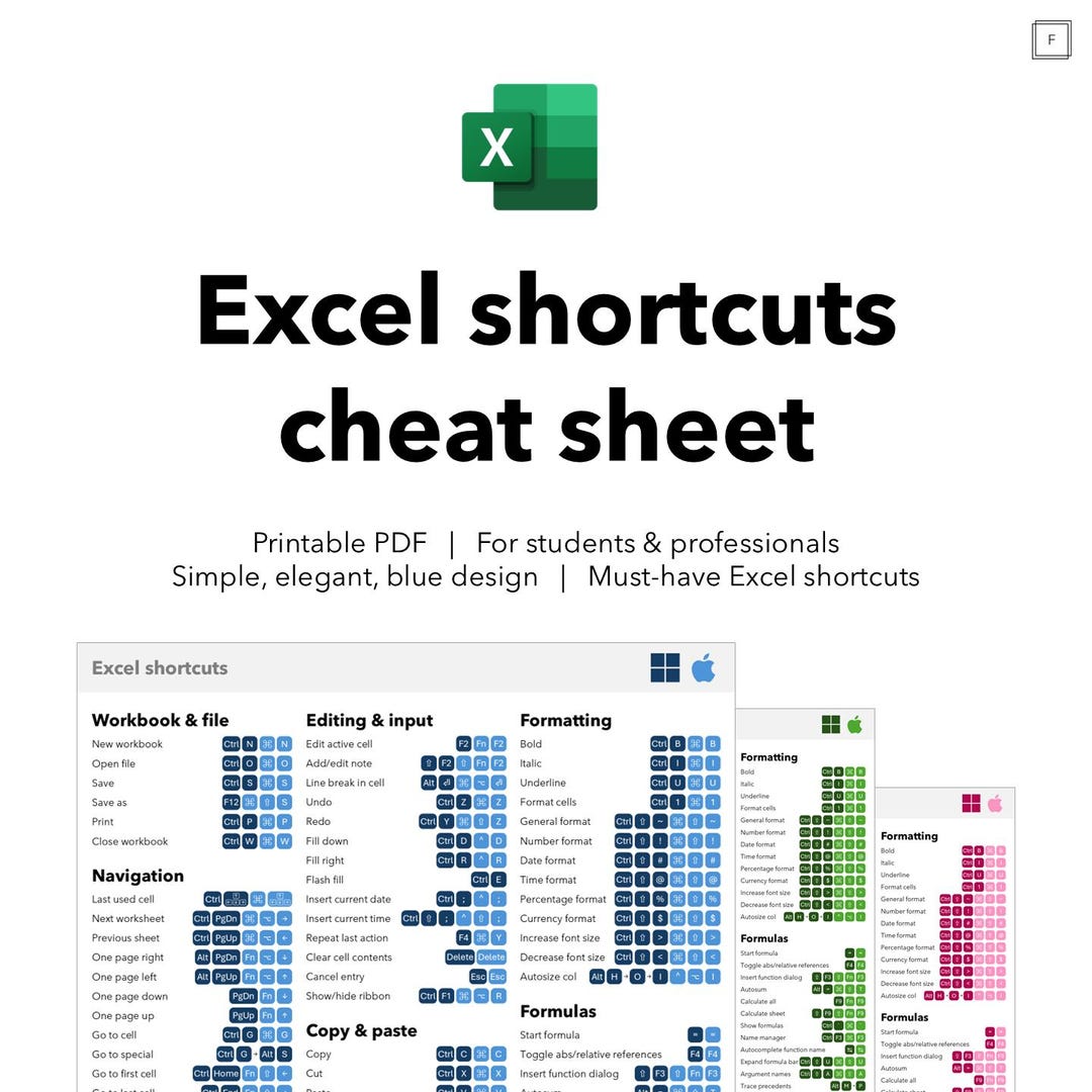 Excel Shortcuts Cheat Sheet - Blue Layout Printable Office PDF for ...