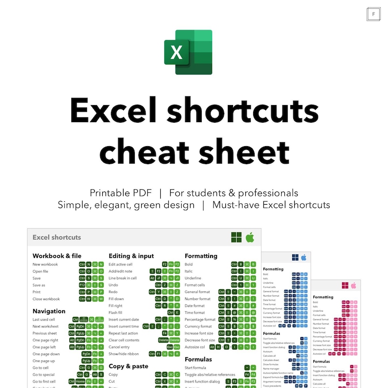 Excel Shortcuts Cheat Sheet - Green Layout Printable Office PDF for ...