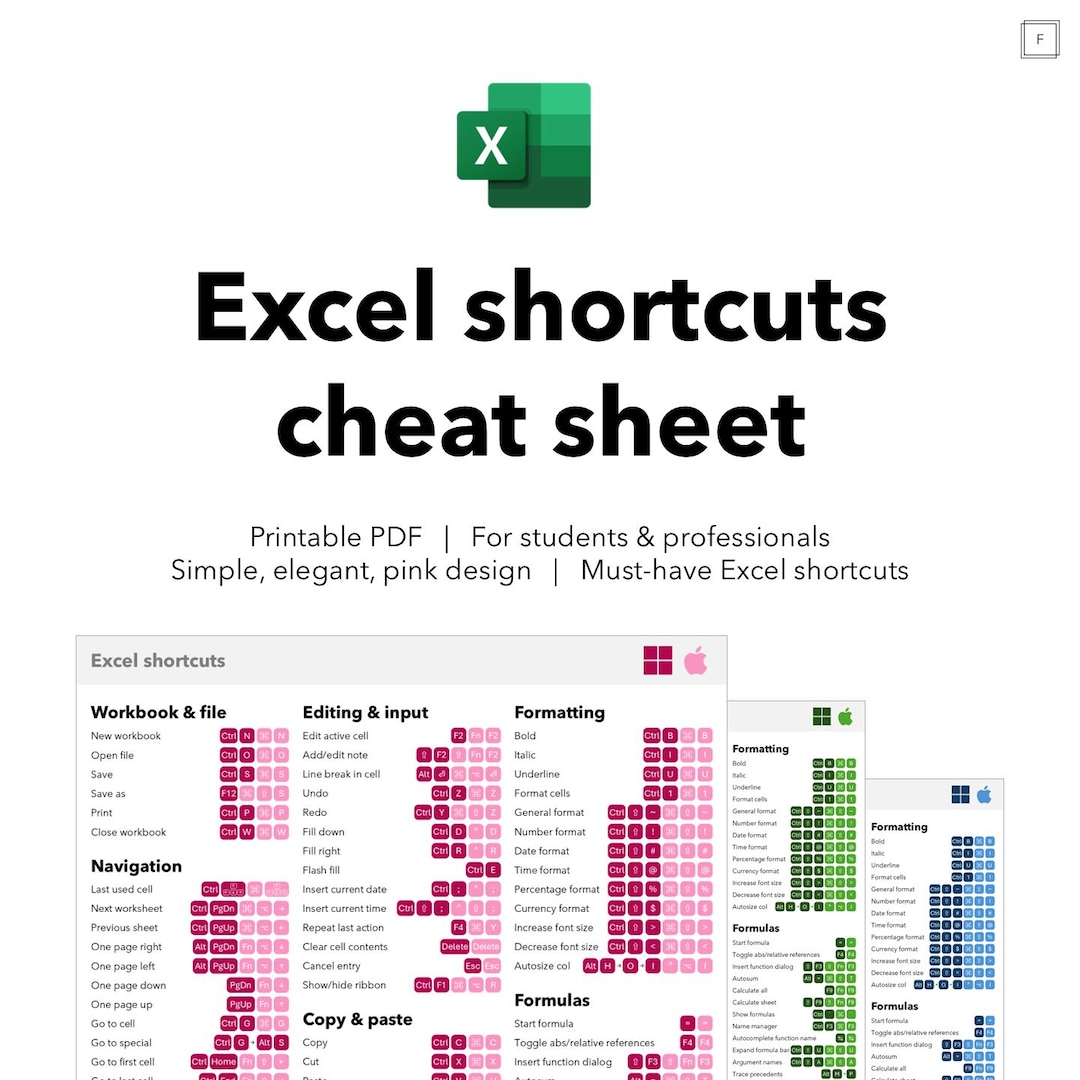 Excel Shortcuts Cheat Sheet - Pink Layout Printable Office PDF for ...