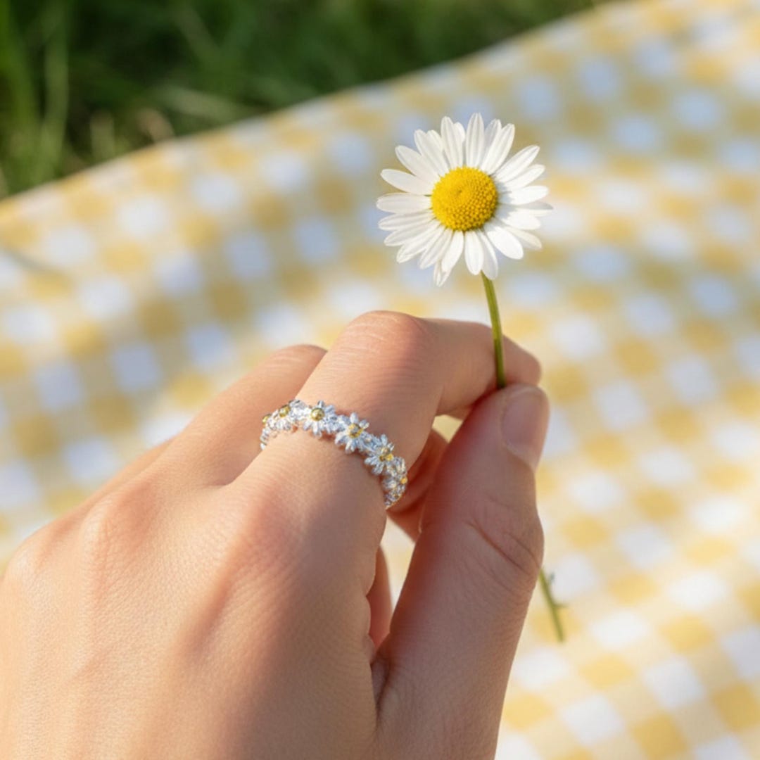 Daisy Flower Ring, Cottagecore Adjustable Open Band, 316L Stainless ...