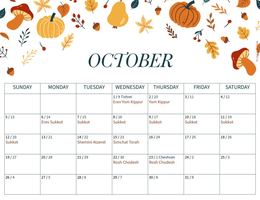 October Calendar - Gregorian/jewish - Etsy