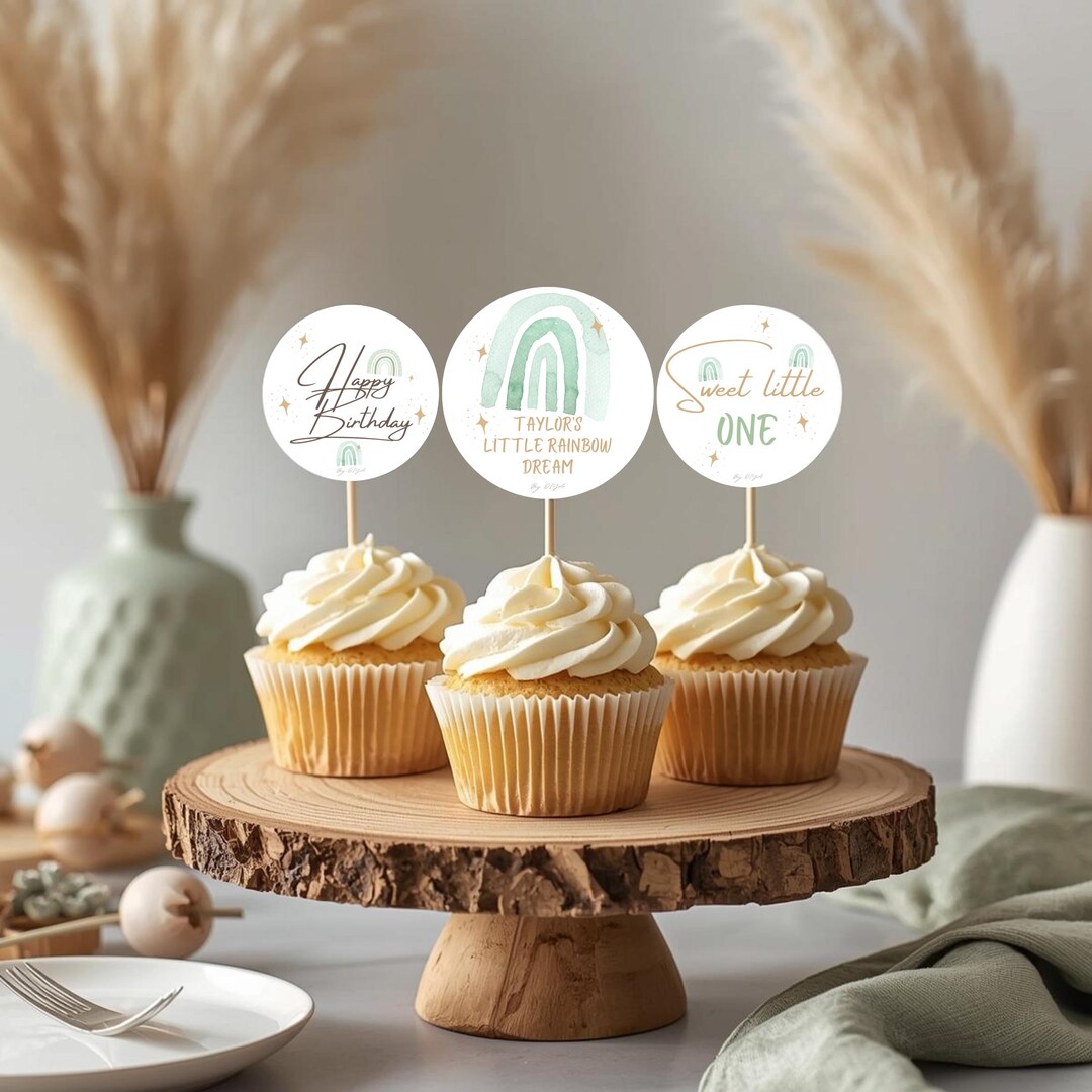 Editable Boho Rainbow Cupcake Toppers Printable | Neutral Boho Party ...