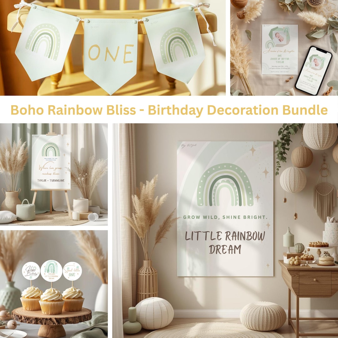 Boho Rainbow Birthday Decoration Package - Editable Bundle & Printable ...
