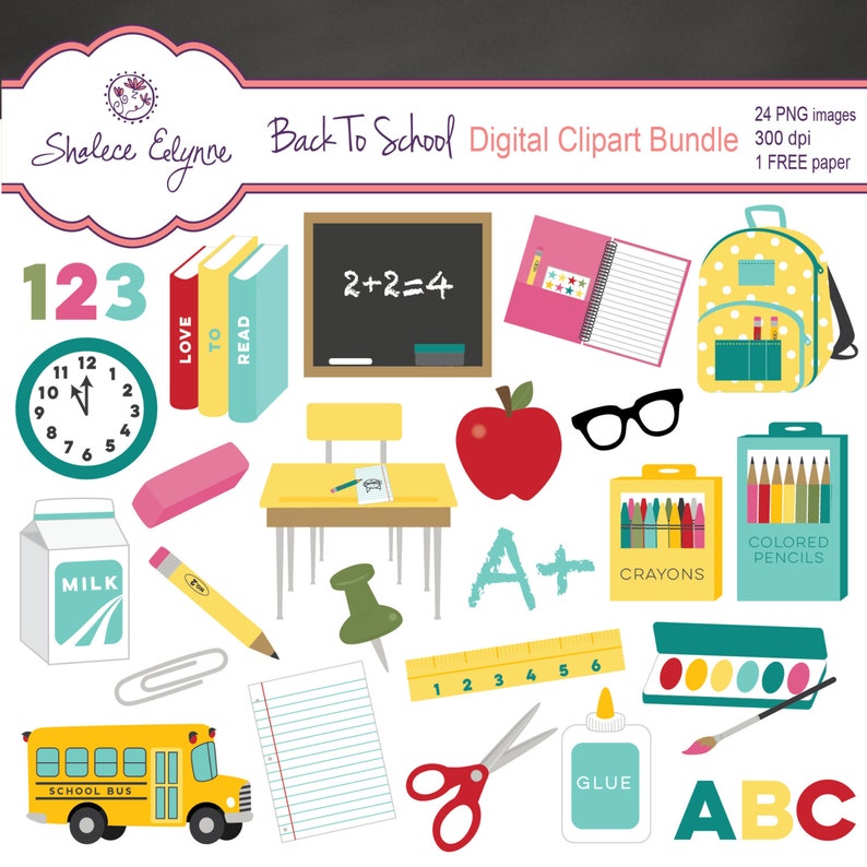 Back to School Clipart Plus Free Paper, Instant Download - Etsy