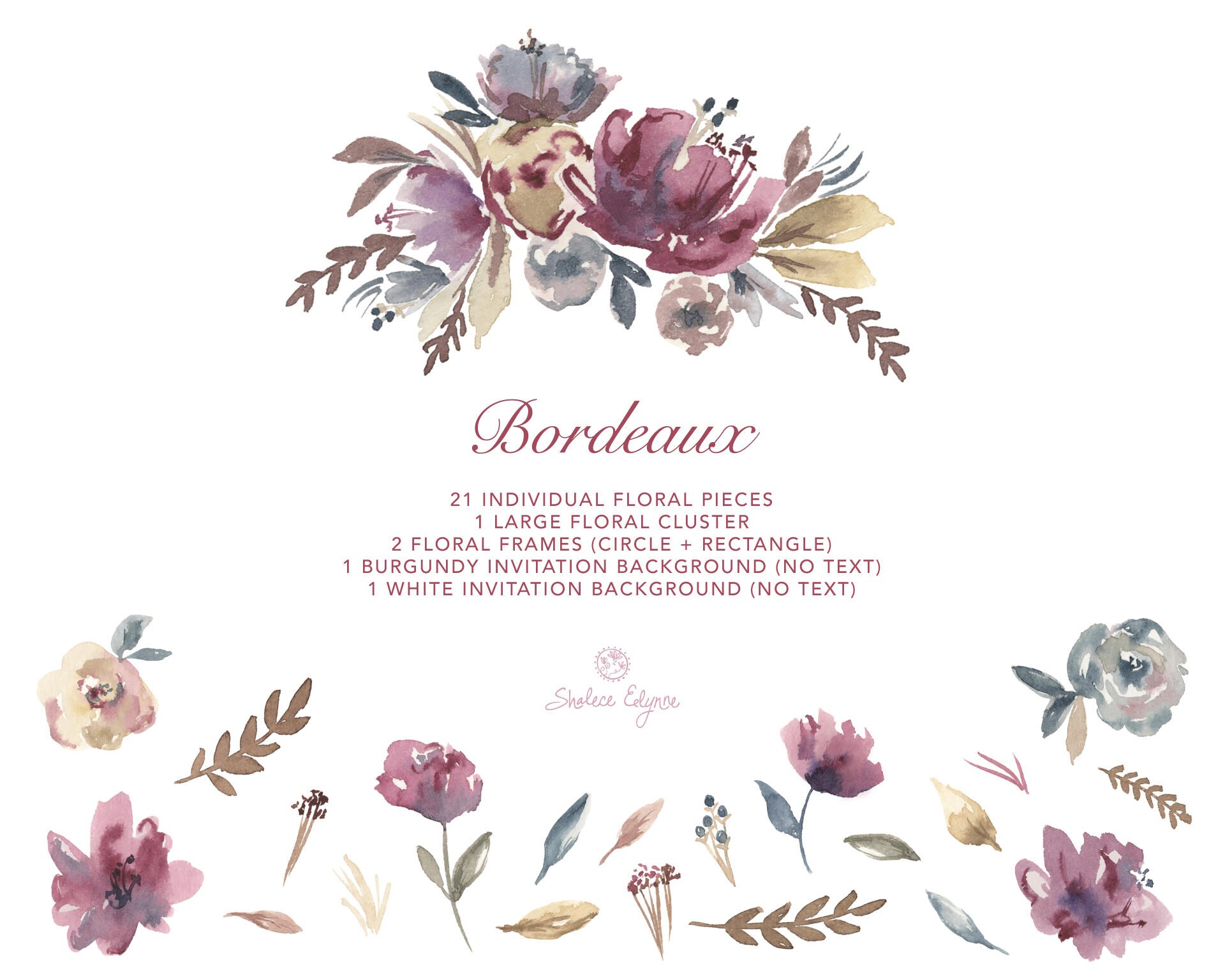 Watercolor Floral Clip Art Bordeaux Burgundy, Navy, Cream Wedding ...