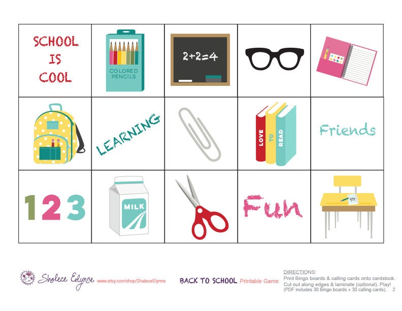 Back to School BINGO Printable Game, Instant Download - Etsy