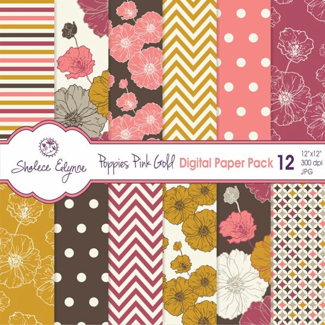 Digital Floral Paper Pack, Poppies in Pink Brown & Gold, 12x12 Instant ...