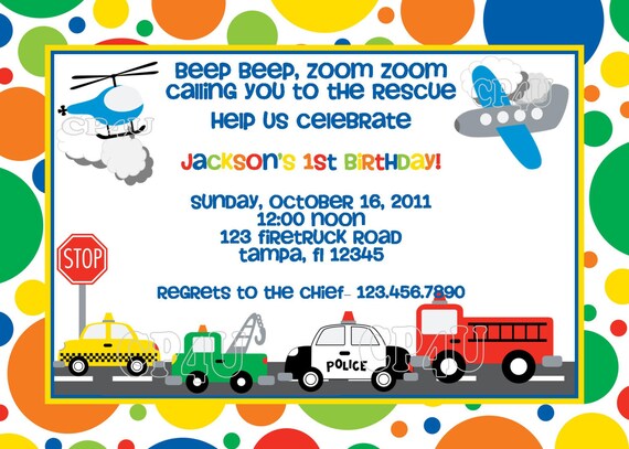Transportation Invitation- Cars, Trucks, Taxi, Firetruck, Police ...