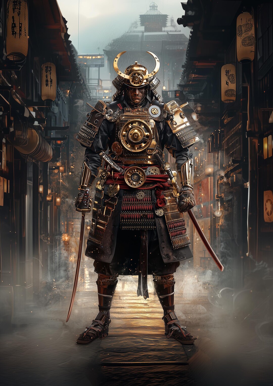 Steampunk Samurai Warrior Art Print: Sci-fi Edo Design (digital ...