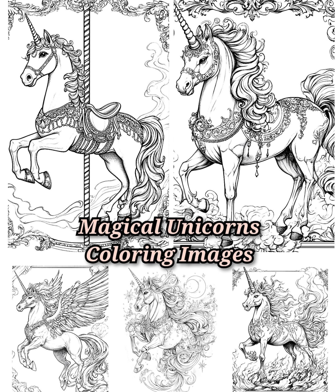 Magical Unicorns Coloring Pages: 50 Fantasy Art Images (digital ...