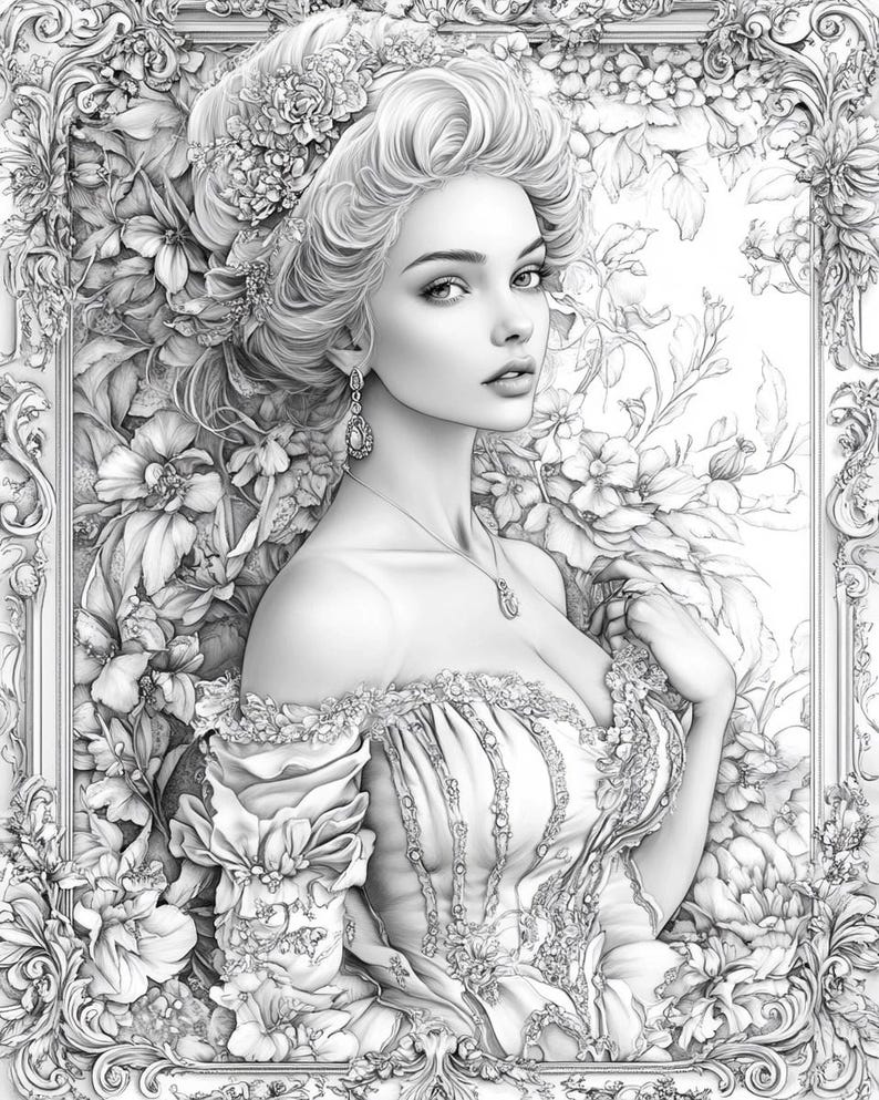 Marie Antoinette Coloring Pages: Rococo Fashion Printable (digital ...