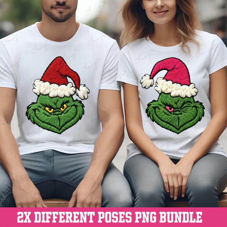 Mr and Mrs Grinch Faux Embroidery PNG Bundle, His and Hers Christmas ...