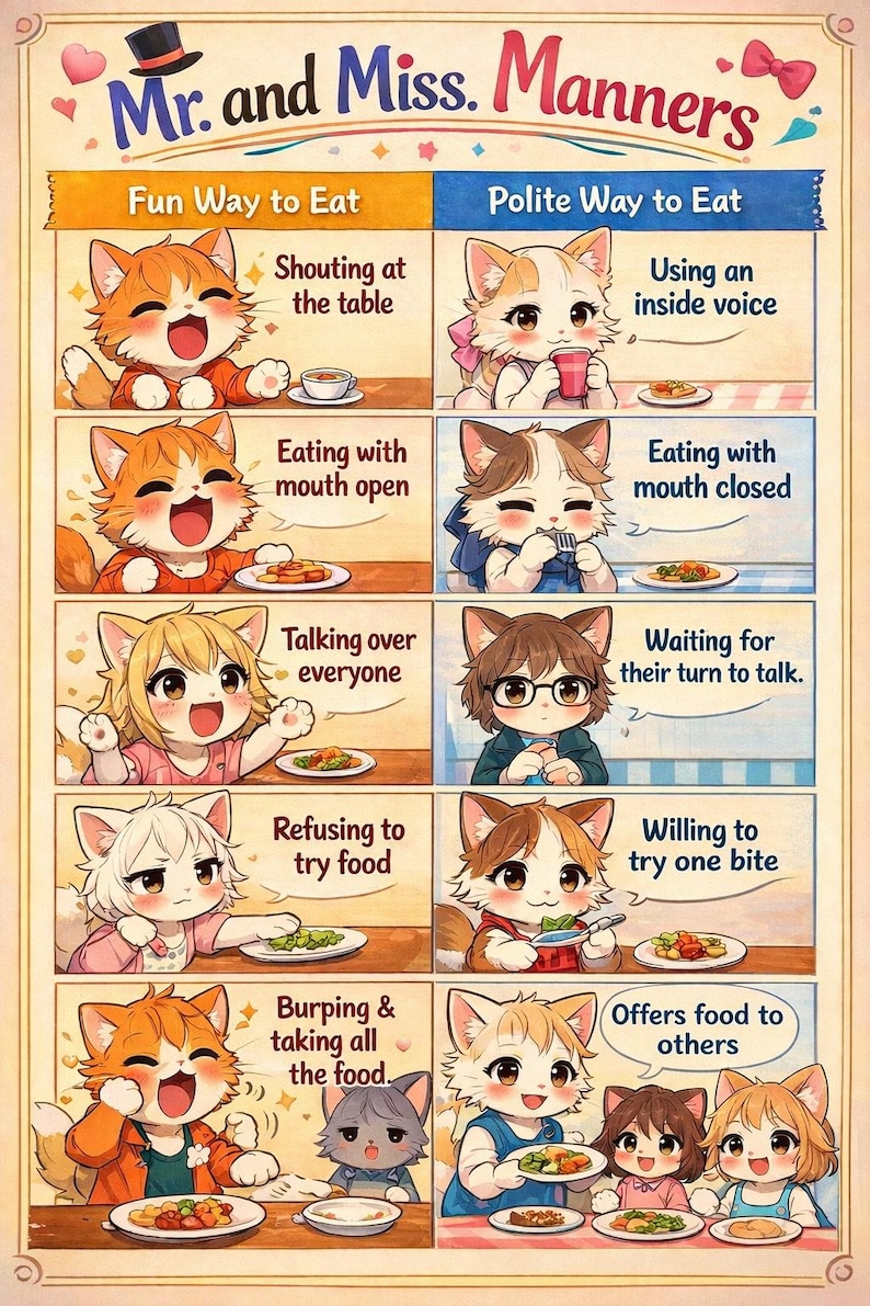 Printable Table Manners Chart for Kids | Mr & Miss Manners Game | Fun ...