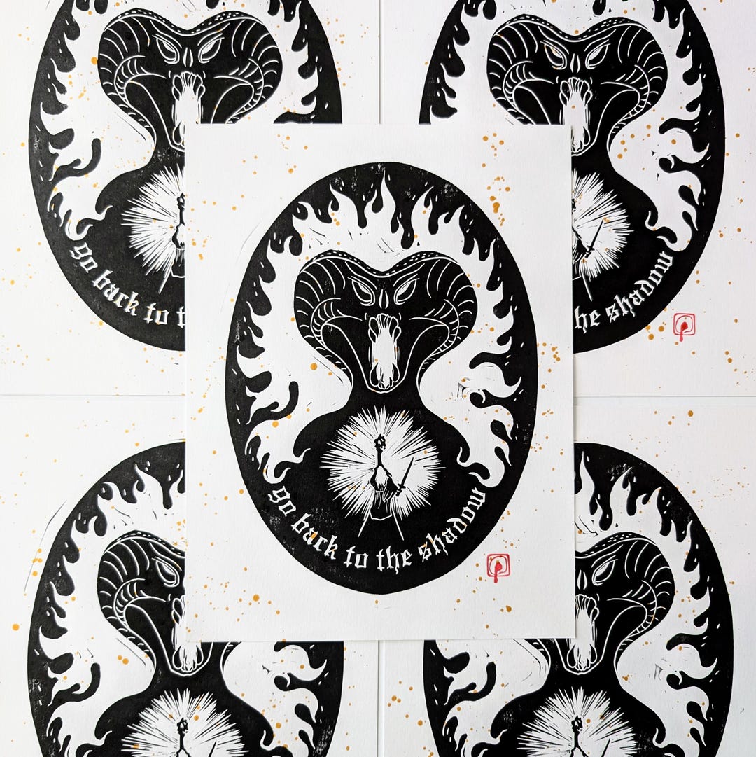 Fire Demon Battle Linocut Print | Hand-printed Art From NC - Etsy
