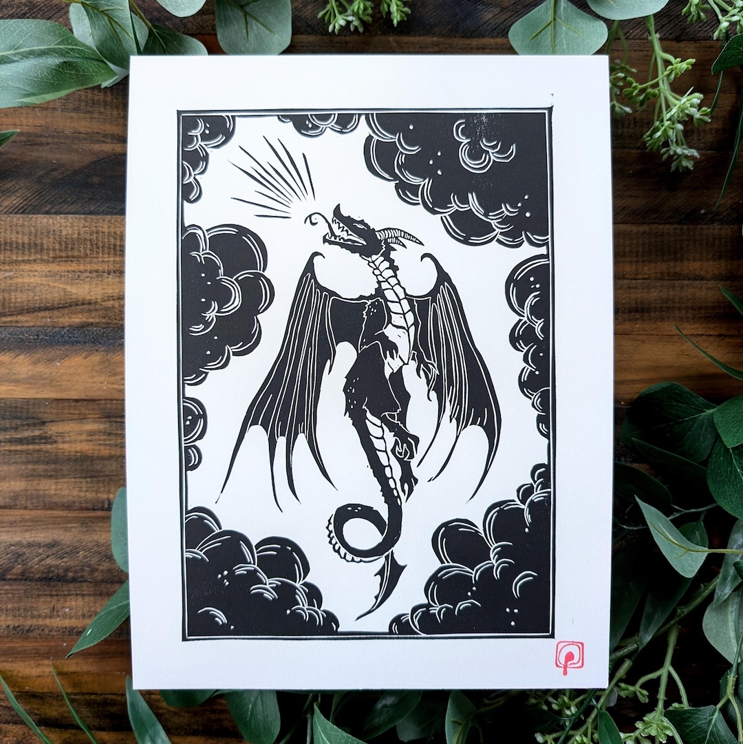 Fire and Blood Dragon Linocut Print | Hand-printed Art From NC - Etsy