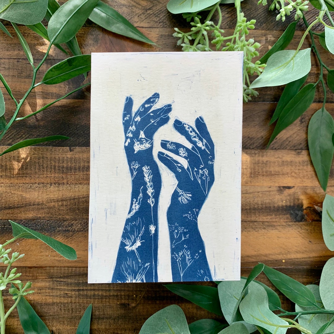 Botanical Hands Cyanotype Print 4x6 Blue Original Art Lavender Flowers ...
