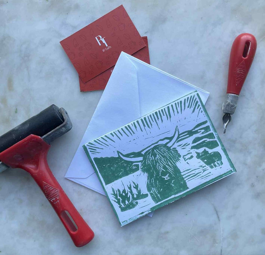 Handmade Highland Cow Lino Print Card: Farm Animal Greetings Card With ...