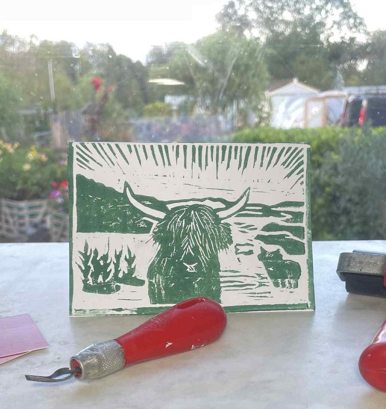 Handmade Highland Cow Lino Print Card: Farm Animal Greetings Card With ...