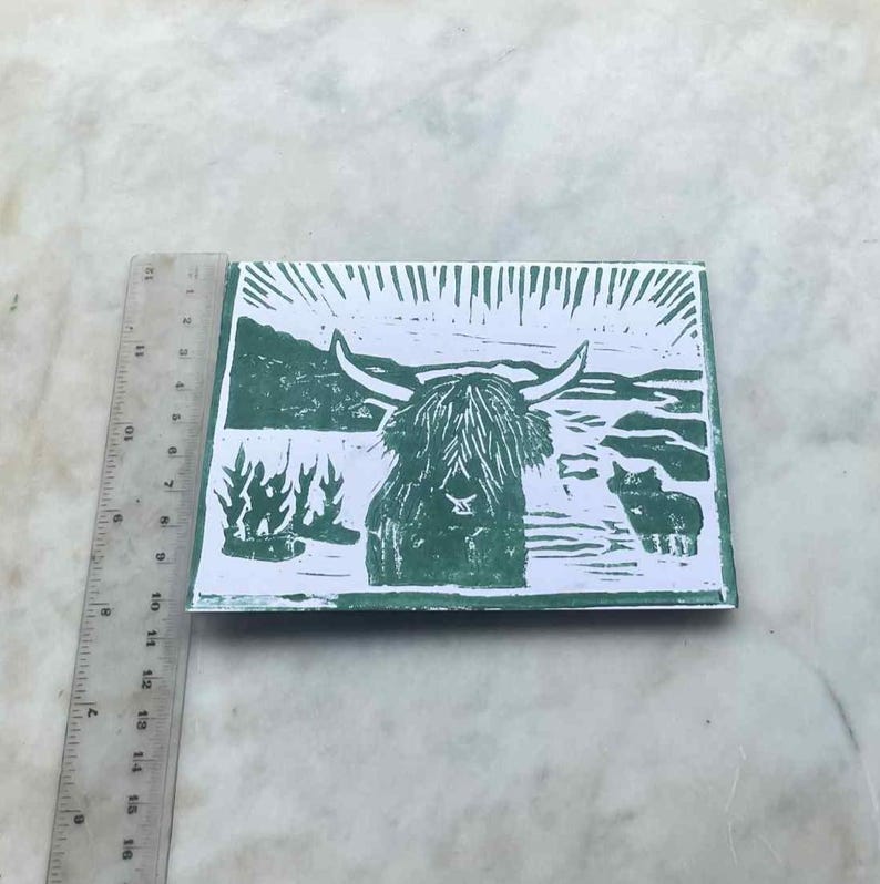 Handmade Highland Cow Lino Print Card: Farm Animal Greetings Card With ...