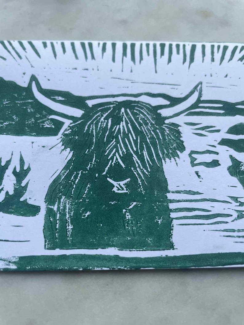 Handmade Highland Cow Lino Print Card: Farm Animal Greetings Card With ...