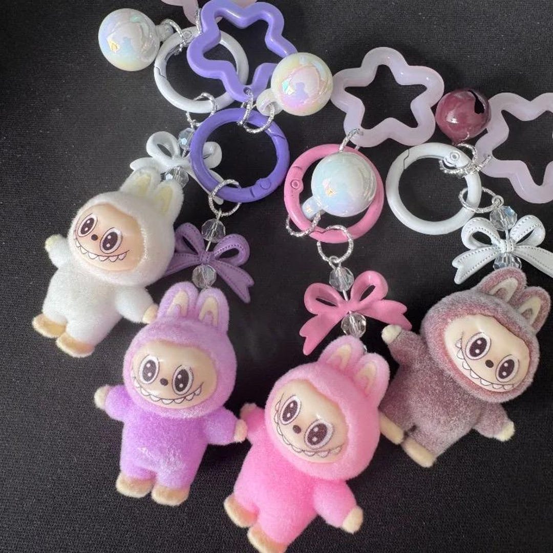 Labubu Peach Fuzz Doll Keychain With Ribbon and Charms - Etsy