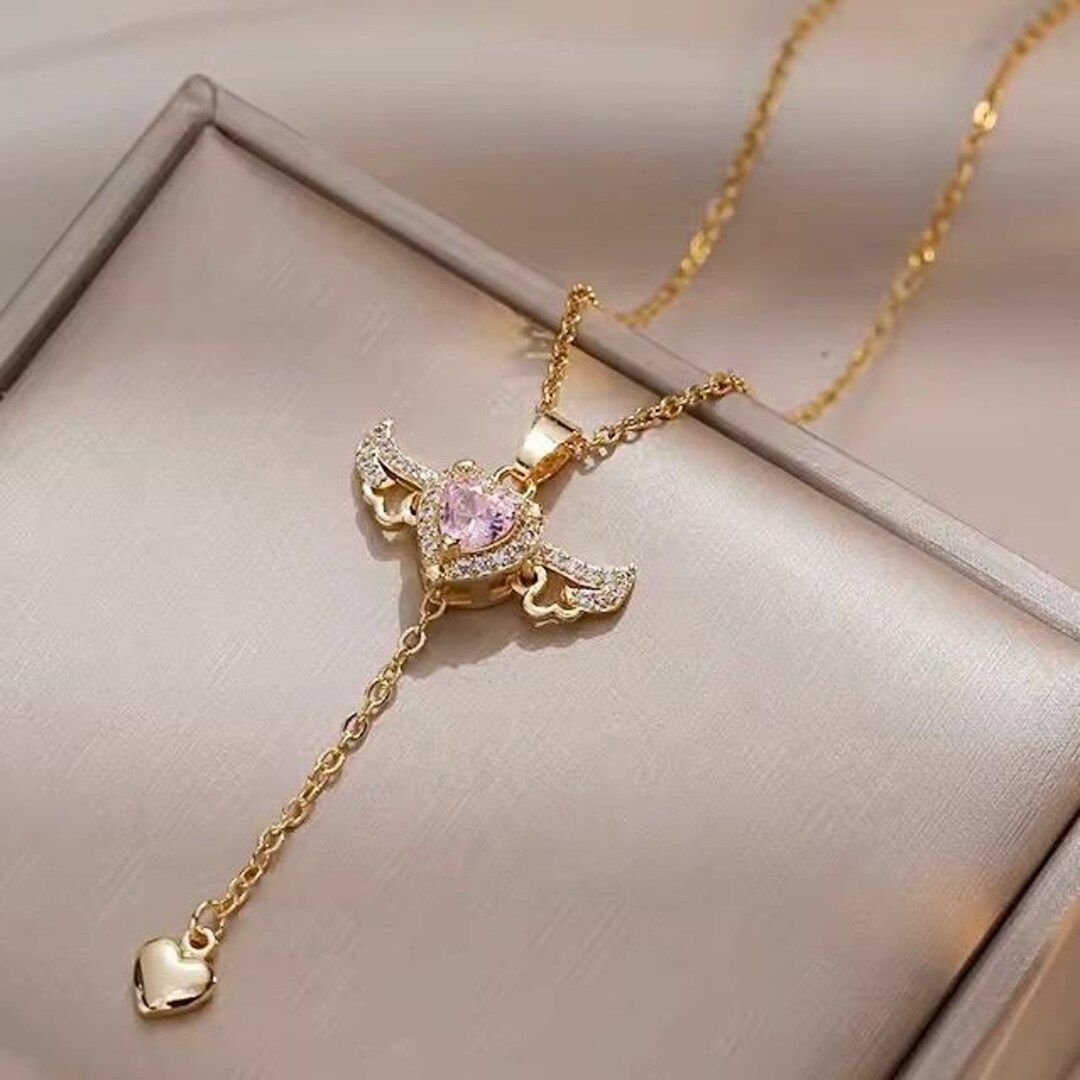 Angel Stainless Steel Necklace Heart-shaped Pendant With Movable Angel ...