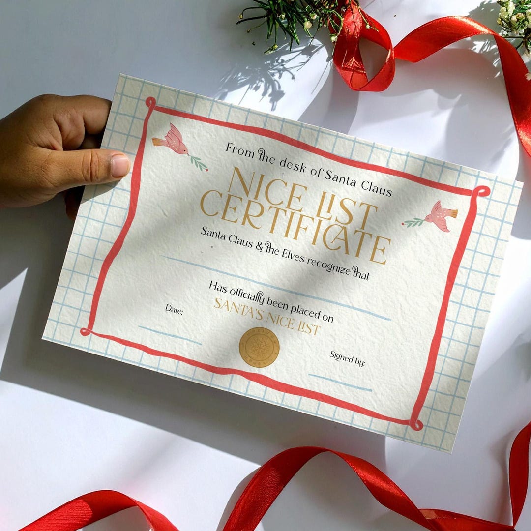 Nice List Certificate Printable Red Bow Santa Letter Cute Christmas ...