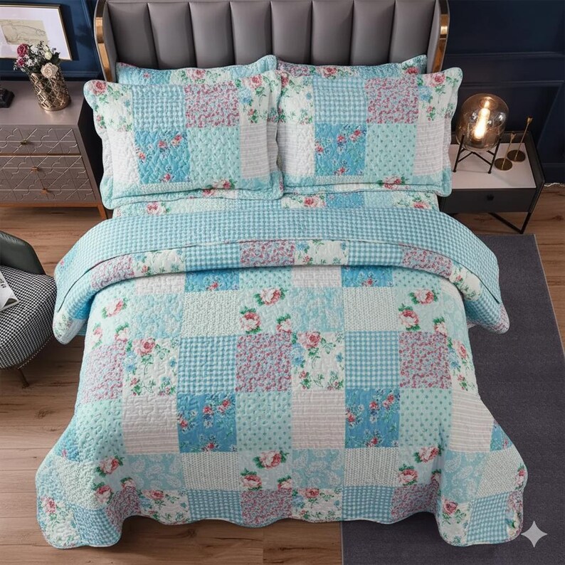 3 Piece Quilted Floral Patchwork Bedspread Throw Bedding Set Single ...