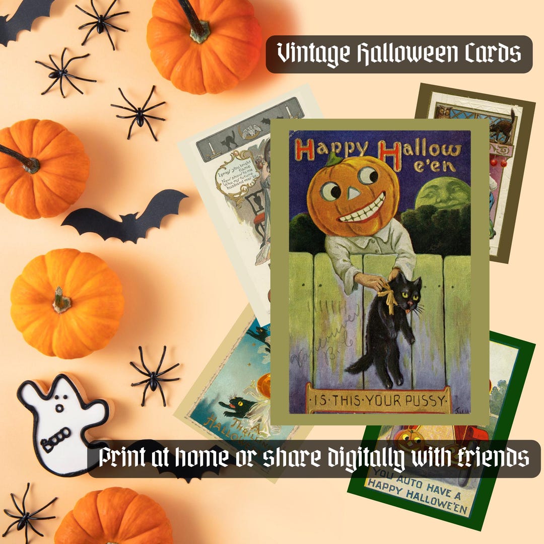 5 Printable Vintage Halloween Cards – Set of 5 Greeting Cards | Instant ...